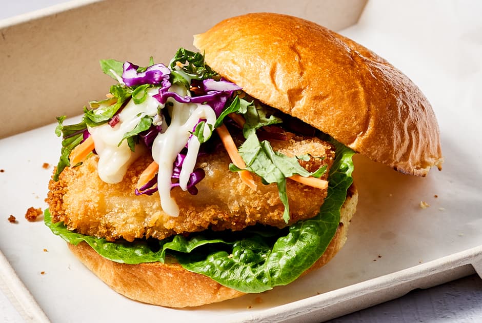 Crunchy Fish Burger with Rainbow Slaw
